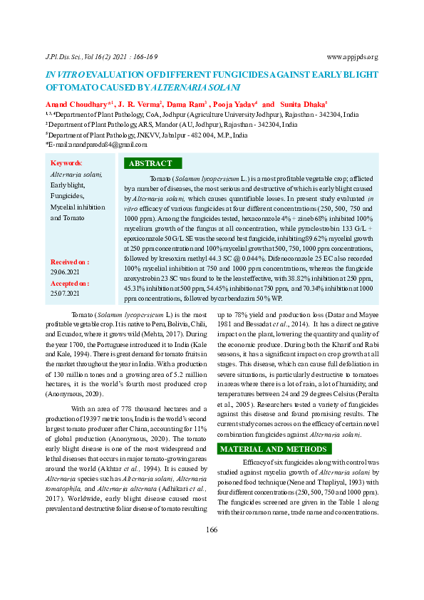 (PDF) IN VITRO EVALUATION OF DIFFERENT FUNGICIDES AGAINST EARLY BLIGHT OF TOMATO CAUSED BY ...