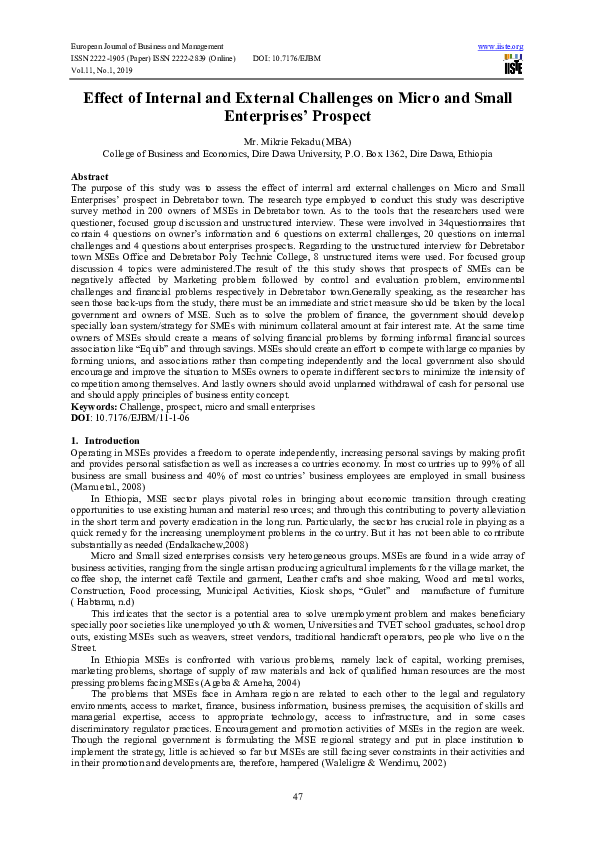(PDF) Effect of Internal and External Challenges on Micro and Small ...