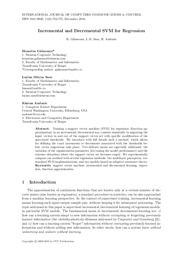 (PDF) Incremental and Decremental SVM for Regression | Razvan Andonie - Academia.edu