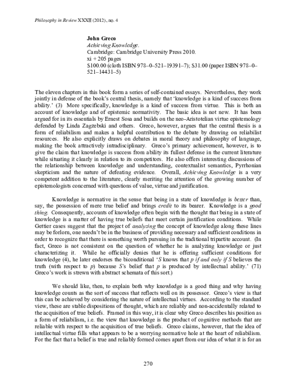 (PDF) John Greco , Achieving Knowledge . Reviewed by