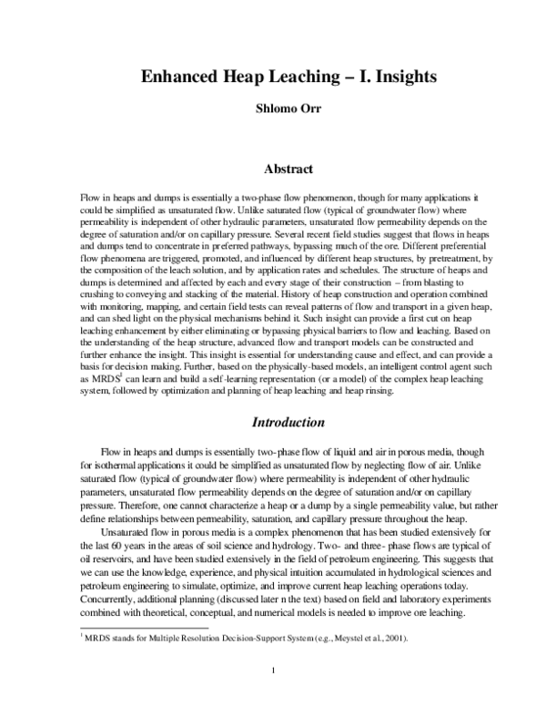 (PDF) Enhanced Heap Leaching – I . Insights