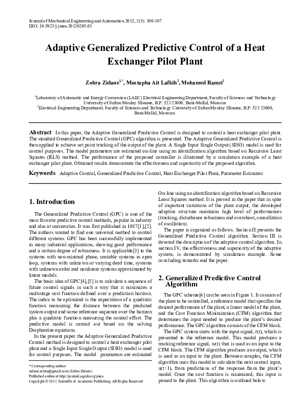 (PDF) Adaptive Generalized Predictive Control of a heat exchanger pilot plant