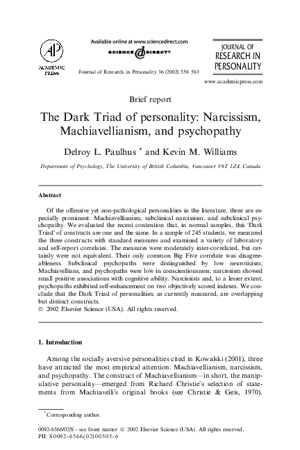 (PDF) The dark triad of personality: Narcissism, Machiavellianism, and ...