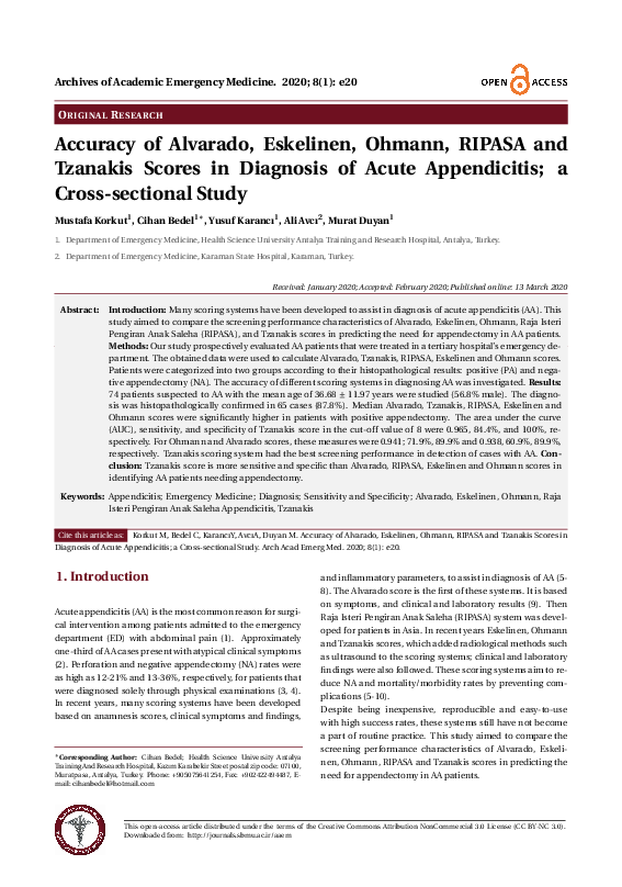 (PDF) Accuracy of Alvarado, Eskelinen, Ohmann, RIPASA and Tzanakis ...
