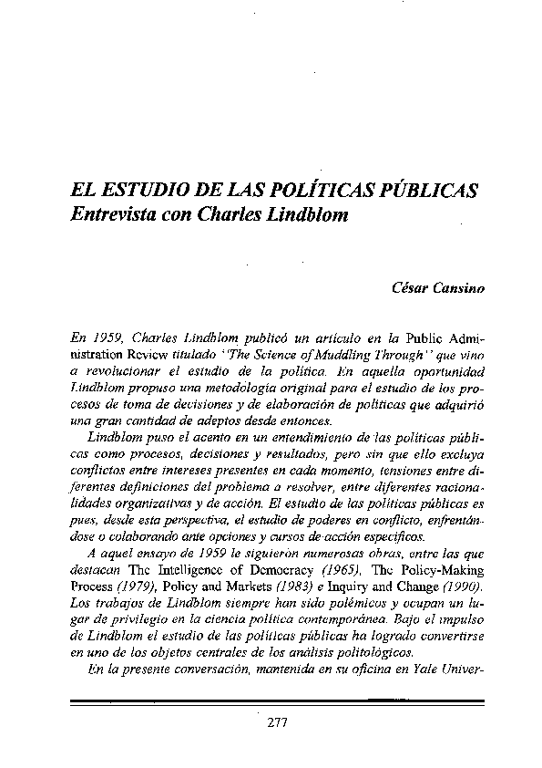 (PDF) El estudio de las politicas publicas. Entrevista con charles lindblom