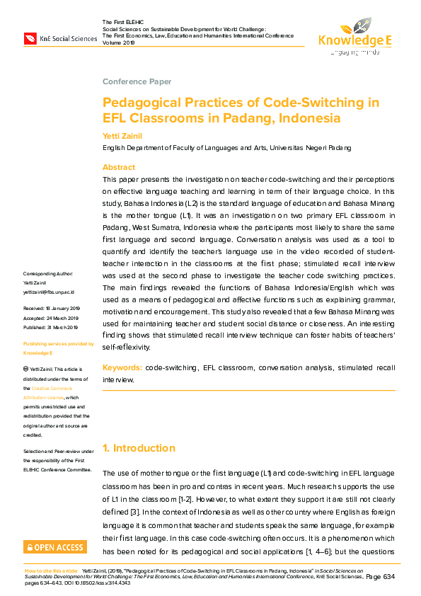 (PDF) Pedagogical Practices of Code-Switching in EFL Classrooms in Padang, Indonesia