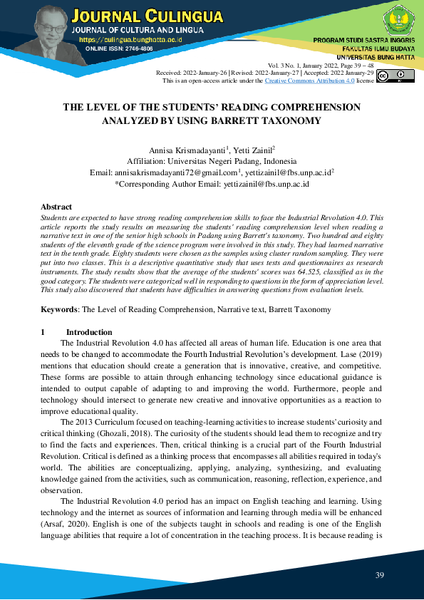(PDF) The Level of the Students’ Reading Comprehension Analyzed by Using Barrett Taxonomy