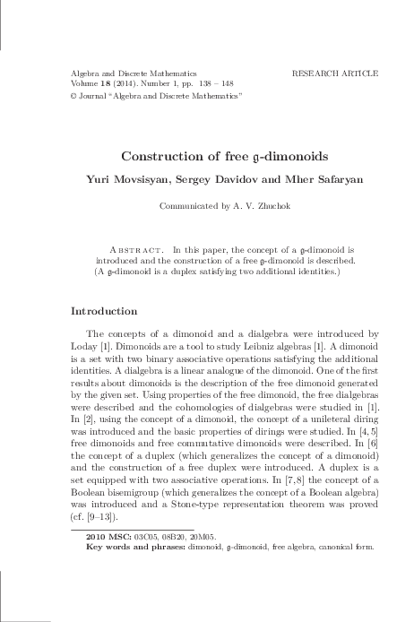 (PDF) Algebra and Discrete Mathematics Construction of free g-dimonoids