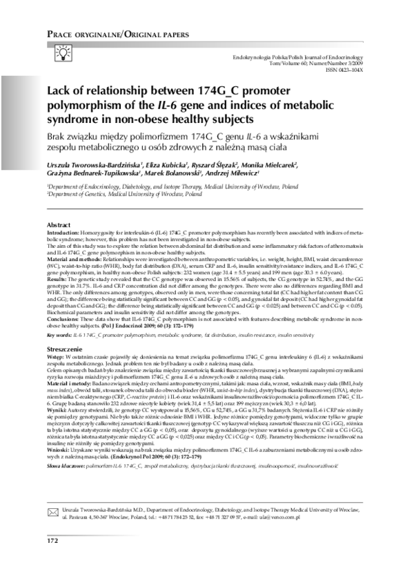 (PDF) Lack of relationship between 174G_C promoter polymorphism of the IL-6 gene and indices of ...