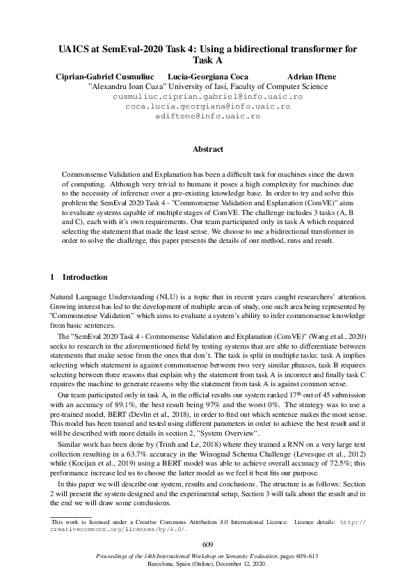 Pdf Uaics At Semeval 2020 Task 4 Using A Bidirectional Transformer