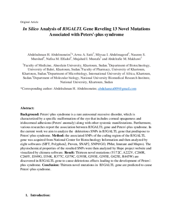 (PDF) In Silico Analysis of B3GALTL Gene Reveling 13 Novel Mutations ...
