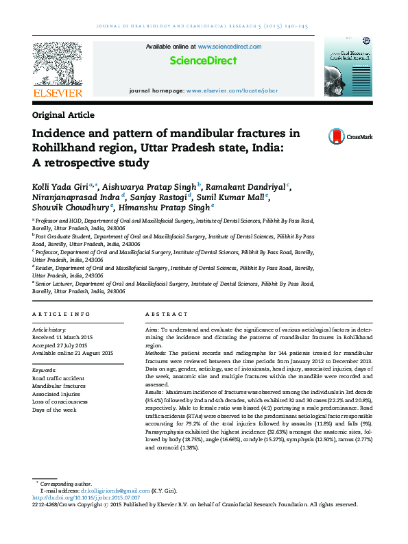 (PDF) Incidence and pattern of mandibular fractures in Rohilkhand ...