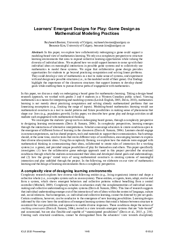 (PDF) Learners' Emergent Designs for Play: Game Design as Mathematical ...