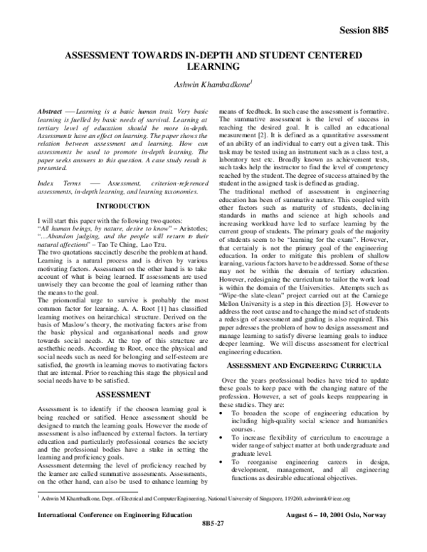 (PDF) Assessment towards in-depth and student centered learning