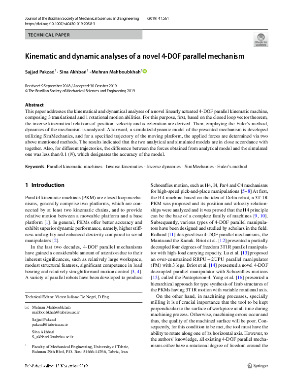 (PDF) Kinematic and dynamic analyses of a novel 4-DOF parallel mechanism