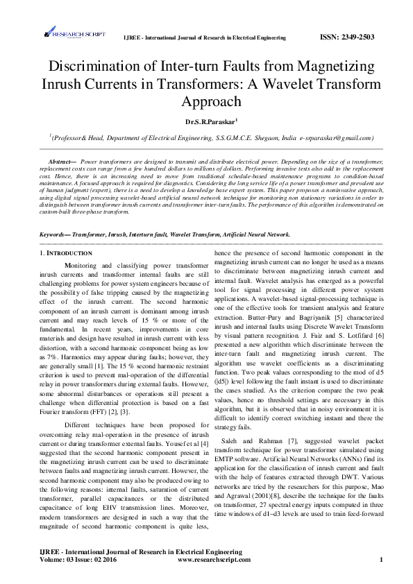 Pdf Discrimination Of Inter Turn Faults From Magnetizing Inrush Currents In Transformers A
