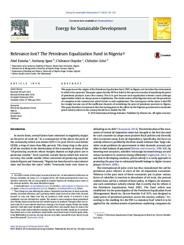 (PDF) Relevance lost? The Petroleum Equalization Fund in Nigeria
