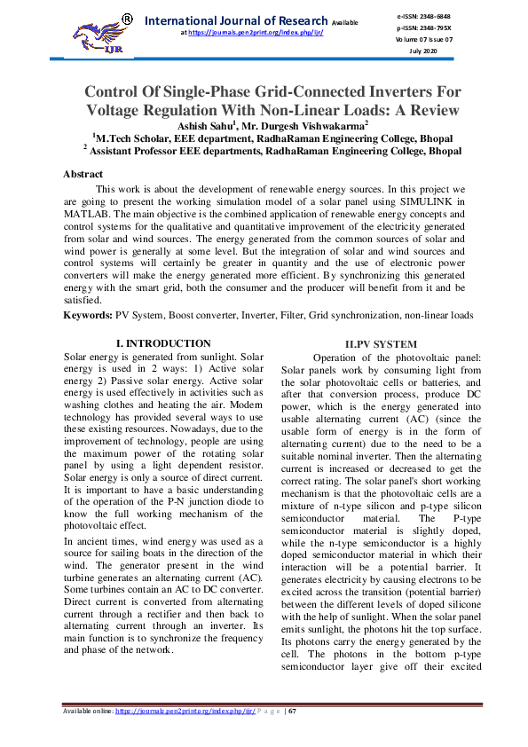 Pdf Control Of Single Phase Grid Connected Inverters For Voltage Regulation With Non Linear
