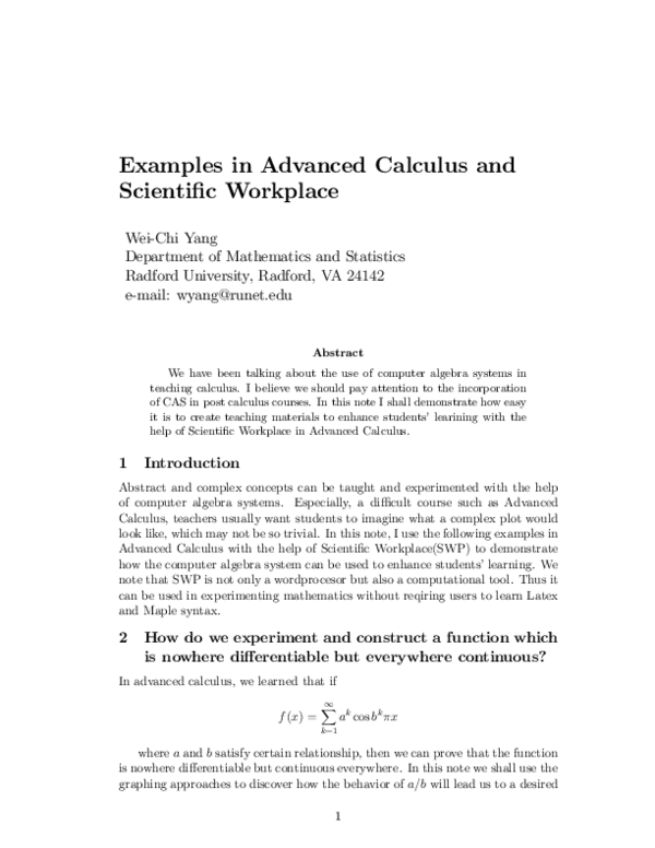 (PDF) Examples in Advanced Calculus and Scientific Workplace