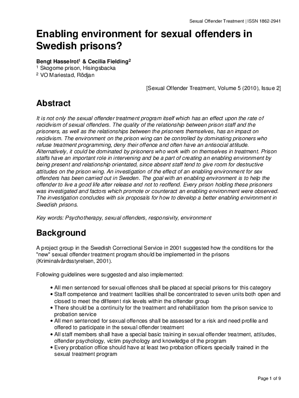 (PDF) Enabling environment for sexual offenders in Swedish prisons?
