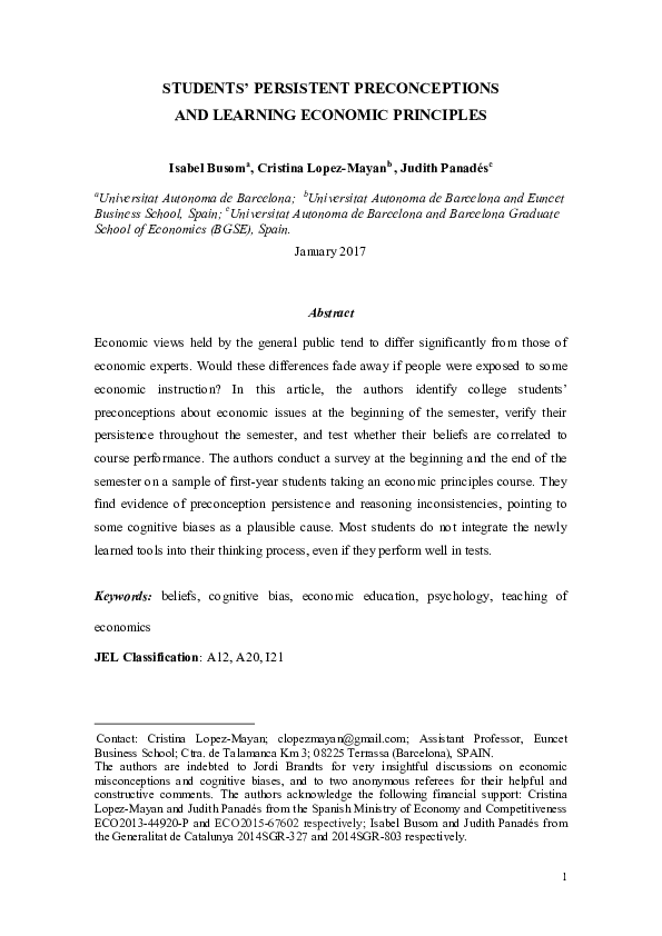 (PDF) Students' persistent preconceptions and learning economic principles