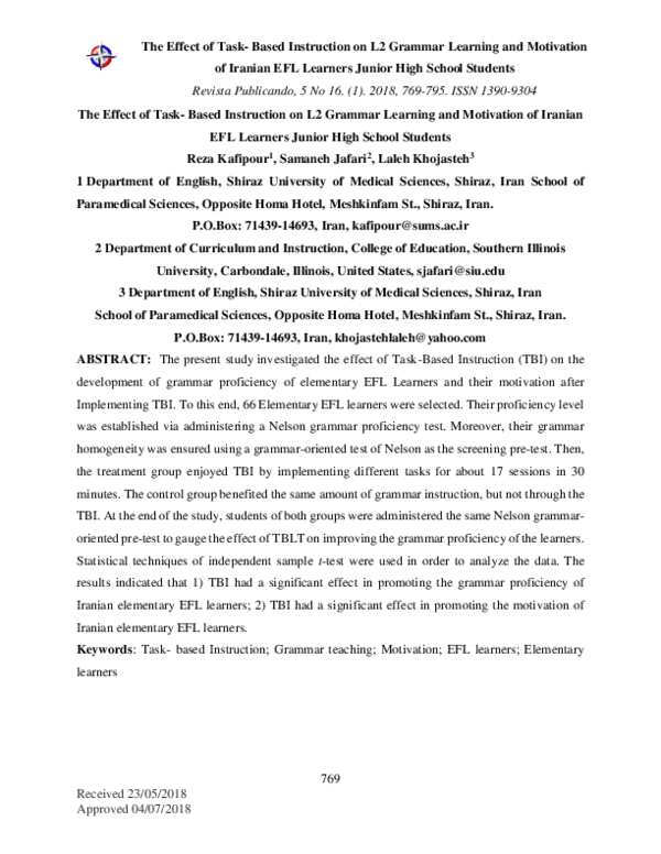 (PDF) The Effect of Task- Based Instruction on L2 Grammar Learning and Motivation of Iranian EFL ...