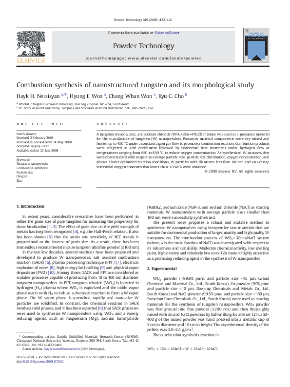 (PDF) Combustion synthesis of nanostructured tungsten and its ...