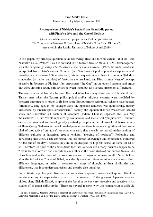 (PDF) A comparison of Nishida’s basho from his middle period with Plato ...