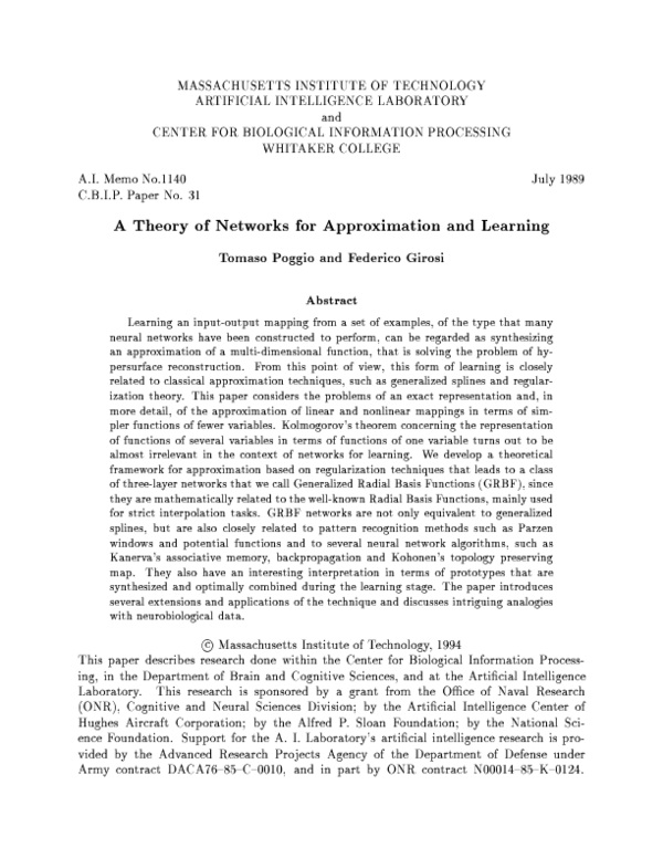 (PDF) Extensions of a Theory of Networks for Approximation and Learning