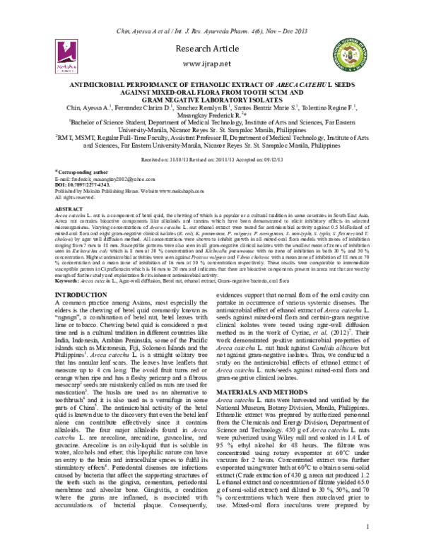 (PDF) Antimicrobial Performance of Ethanolic Extract of Areca Catechu L Seeds Against Mixed-Oral ...