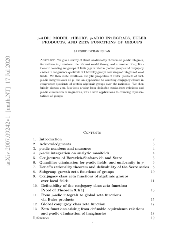 Pdf P Adic Model Theory P Adic Integrals Euler Products And