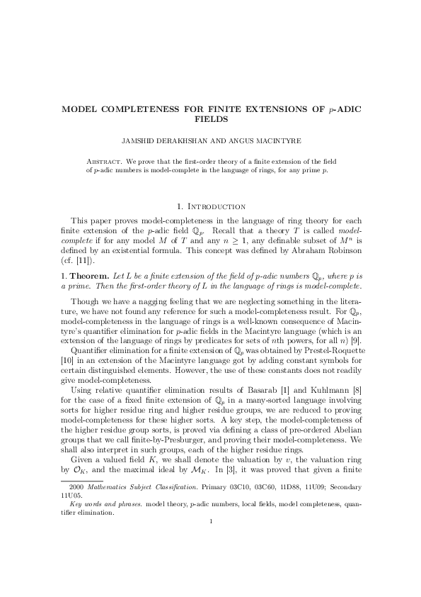 (PDF) MODEL COMPLETENESS FOR FINITE EXTENSIONS OF p-ADIC