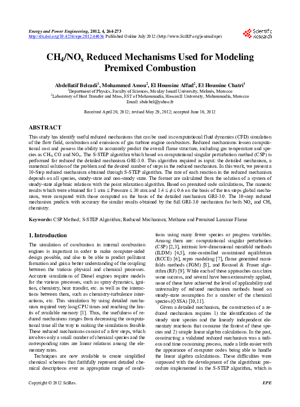 (PDF) CH4/NOx Reduced Mechanisms Used for Modeling Premixed Combustion