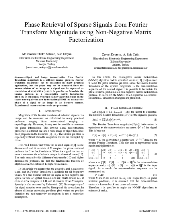 (PDF) Phase retrieval of sparse signals from Fourier Transform magnitude using non-negative ...