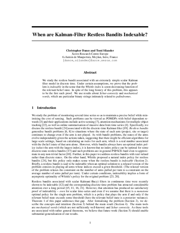 (PDF) When are Kalman-Filter Restless Bandits Indexable?
