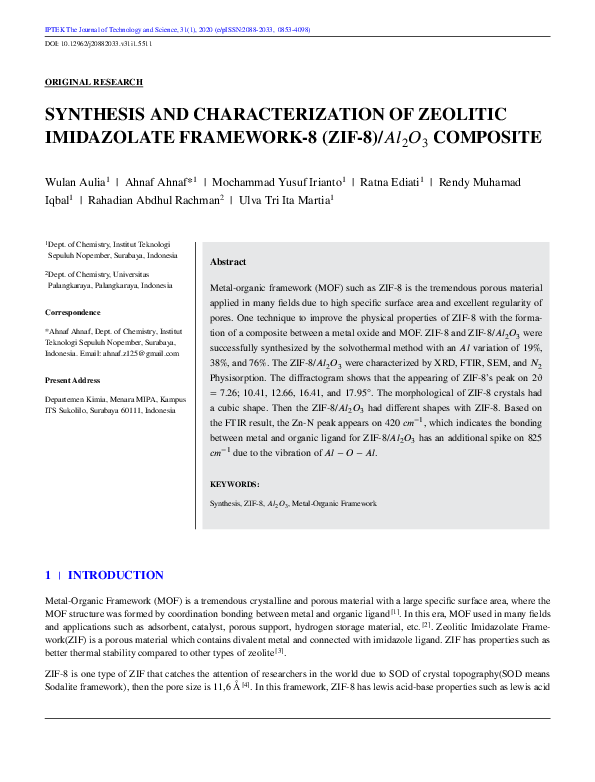 Pdf Synthesis And Characterization Of Zeolitic Imidazolate Framework 8 Zif 8al2o3 Composite