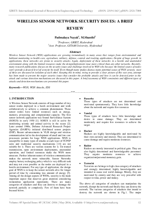 (PDF) Wireless Sensor Network Security Issues: A Brief Review