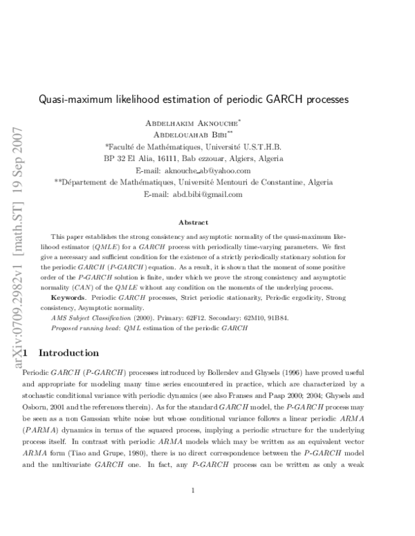 (PDF) Quasi-maximum likelihood estimation of periodic GARCH processes