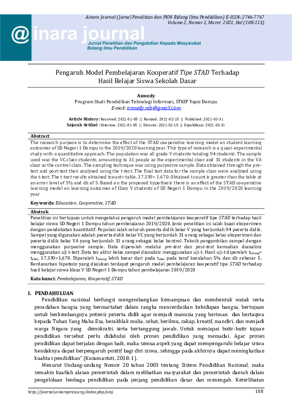 (PDF) Pengaruh Model Pembelajaran Kooperatif Tipe STAD dan NHT Terhadap Hasil Belajar Matematika