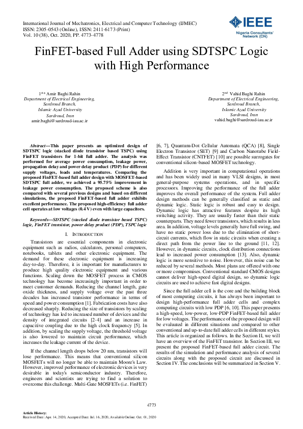 (PDF) FinFET-based Full Adder using SDTSPC Logic with High Performance