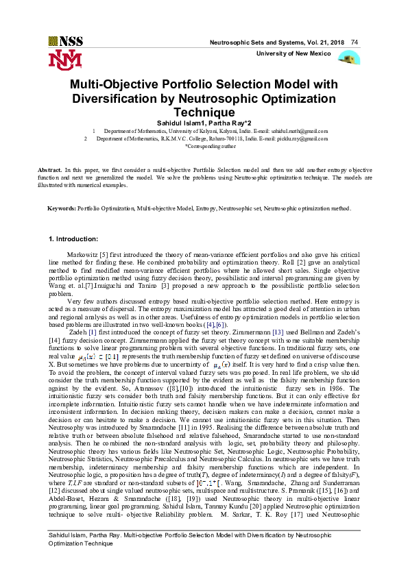 (PDF) Multi-Objective Portfolio Selection via Neutrosophic Optimization
