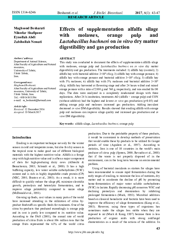 (PDF) Effects of supplementation alfalfa silage with molasses, orange ...