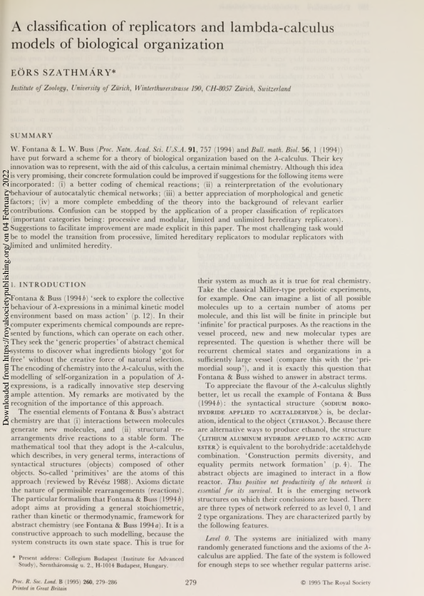 (PDF) A Classification of Replicators and Lambda-Calculus Models of Biological Organization