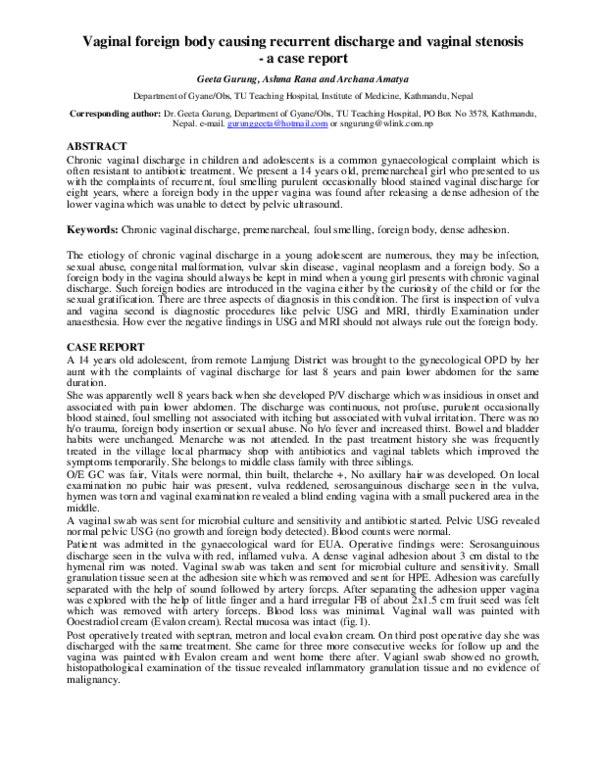 (PDF) Vaginal foreign body causing recurrent discharge and vaginal ...