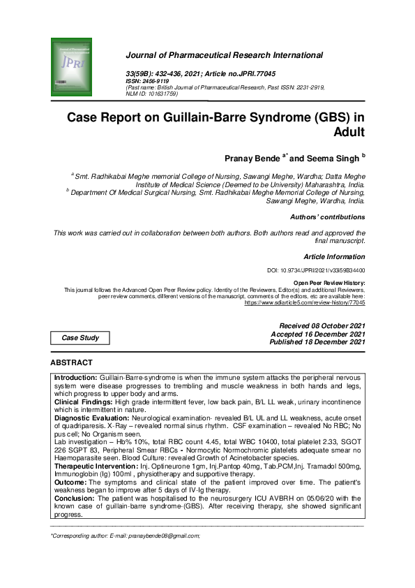 (PDF) Case Report on Guillain-Barre Syndrome (GBS) in Adult