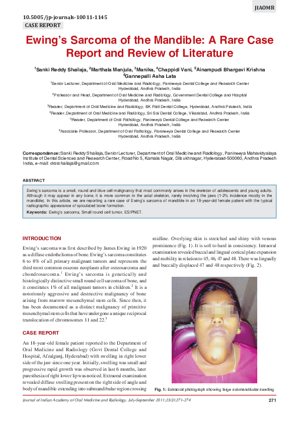 (PDF) Ewing’s Sarcoma of the Mandible: A Rare Case Report and Review of Literature