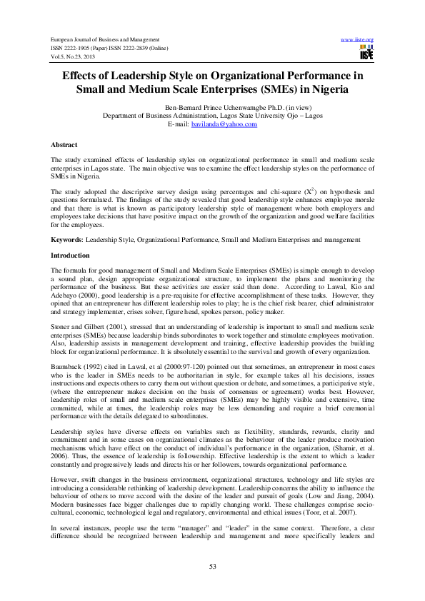 (PDF) Effects of Leadership Style on Organizational Performance in Small and Medium Scale ...