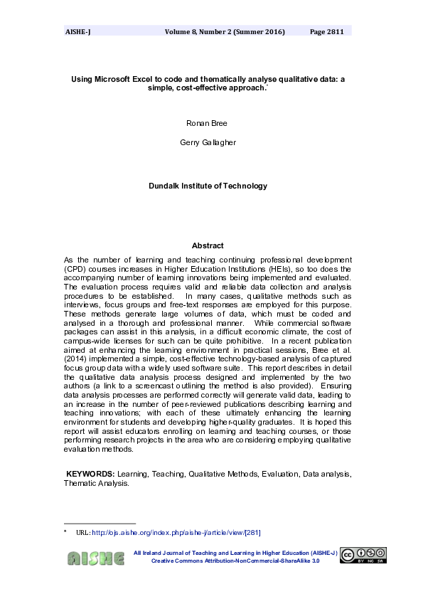 Pdf Using Microsoft Excel To Code And Thematically Analyse Qualitative Data A Simple Cost