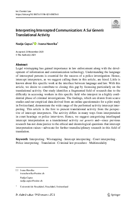 (PDF) Interpreting Intercepted Communication: A Sui Generis Translational Activity