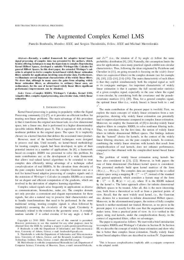 (PDF) IEEE TRANSACTIONS ON SIGNAL PROCESSING 1 The Augmented Complex Kernel LMS